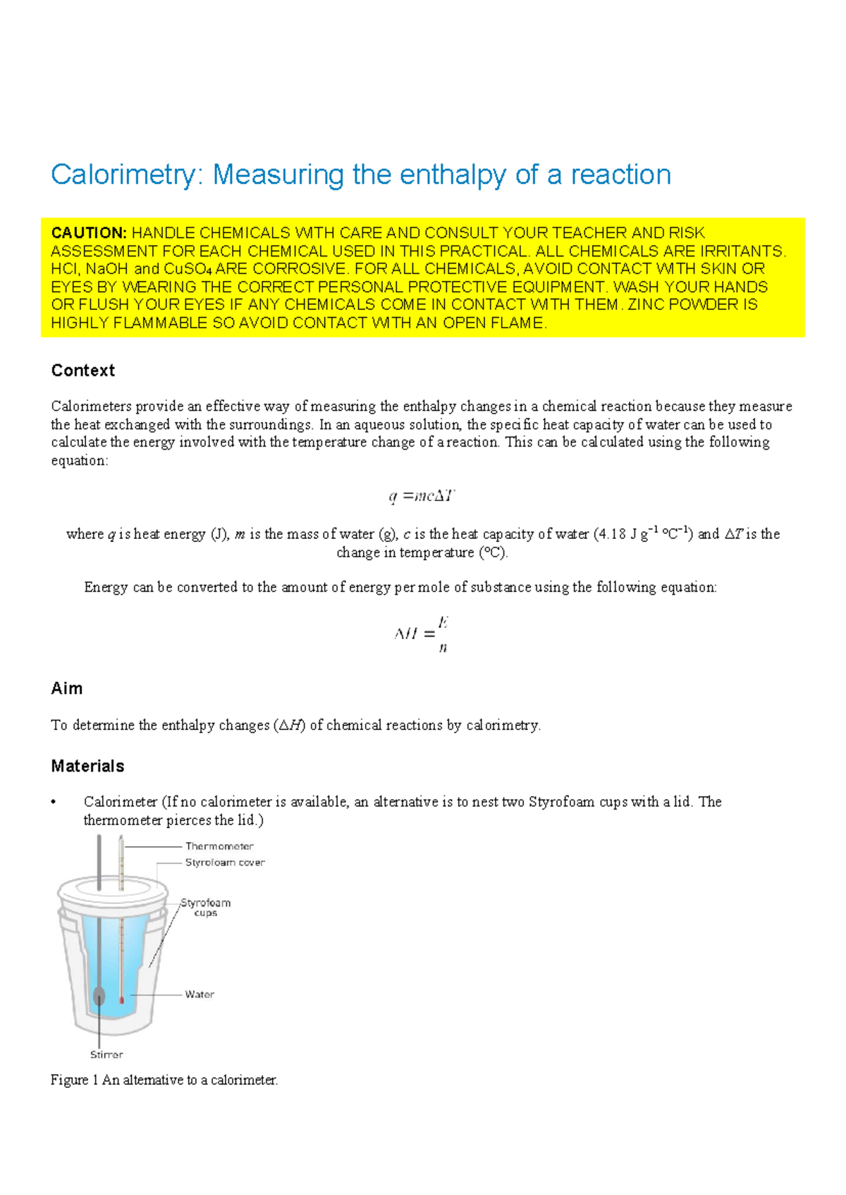 Calorimetry Practical Worksheet: Enthalpy Changes Determination - Studocu