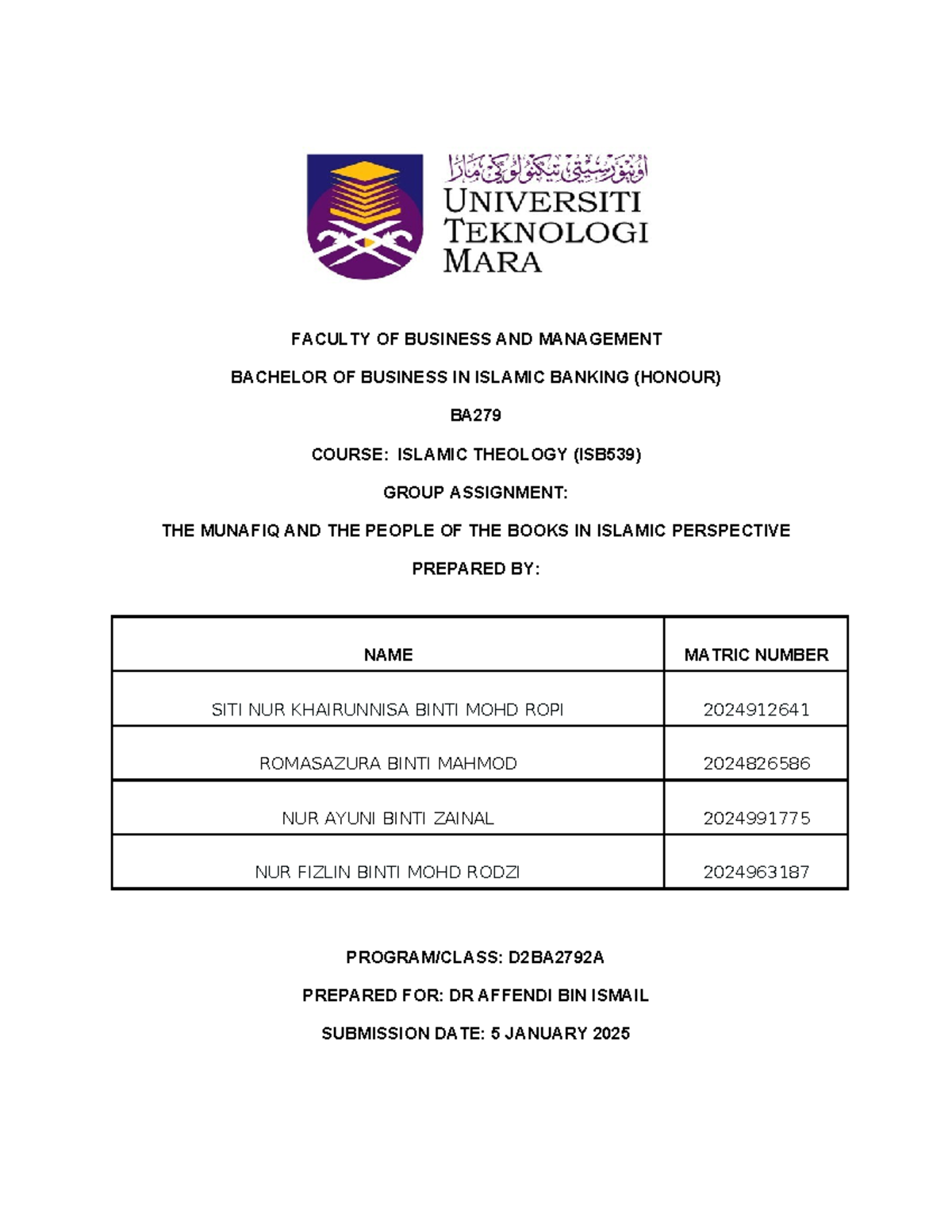 ISB539 Group Assignment: The Munafiq and People of the Books in Islam ...