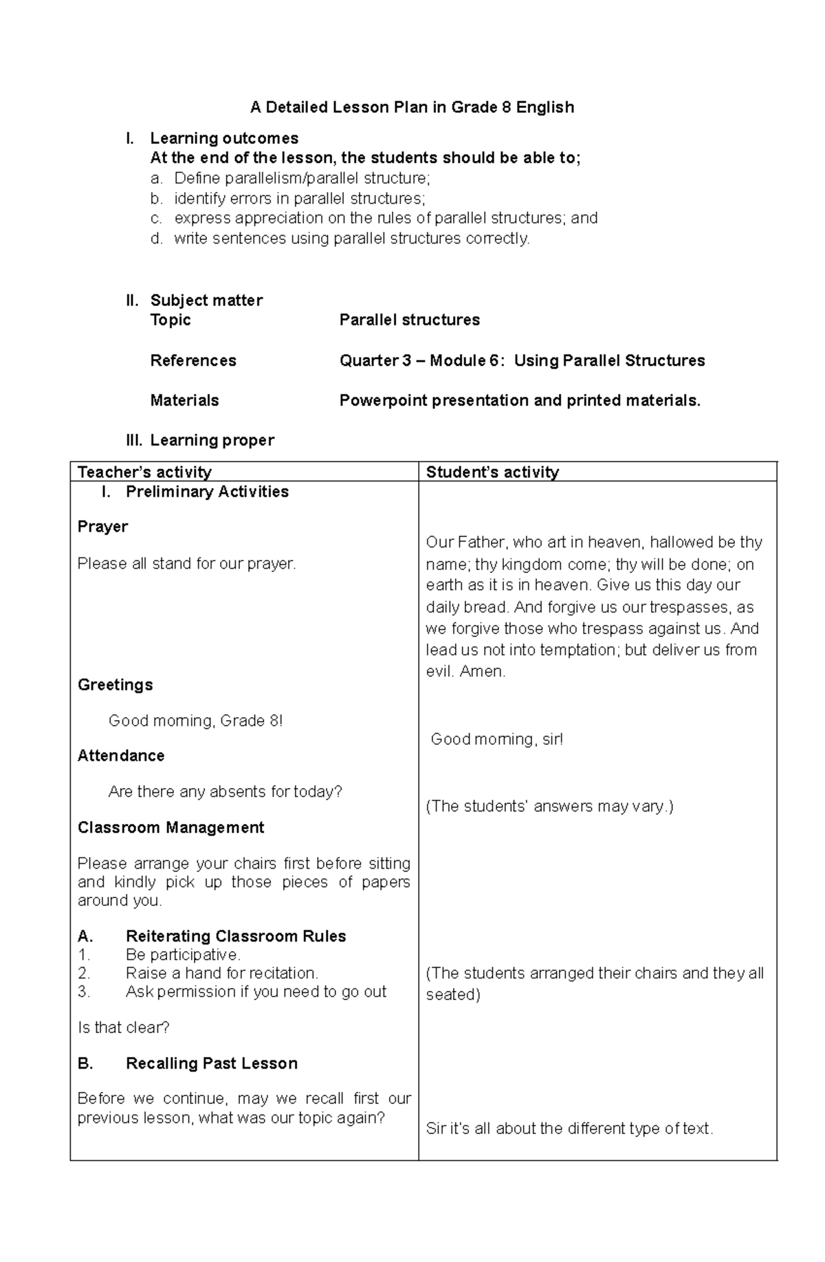 Parallel Structures Lesson Plan DLP 012254 for Grade 8 English - Studocu