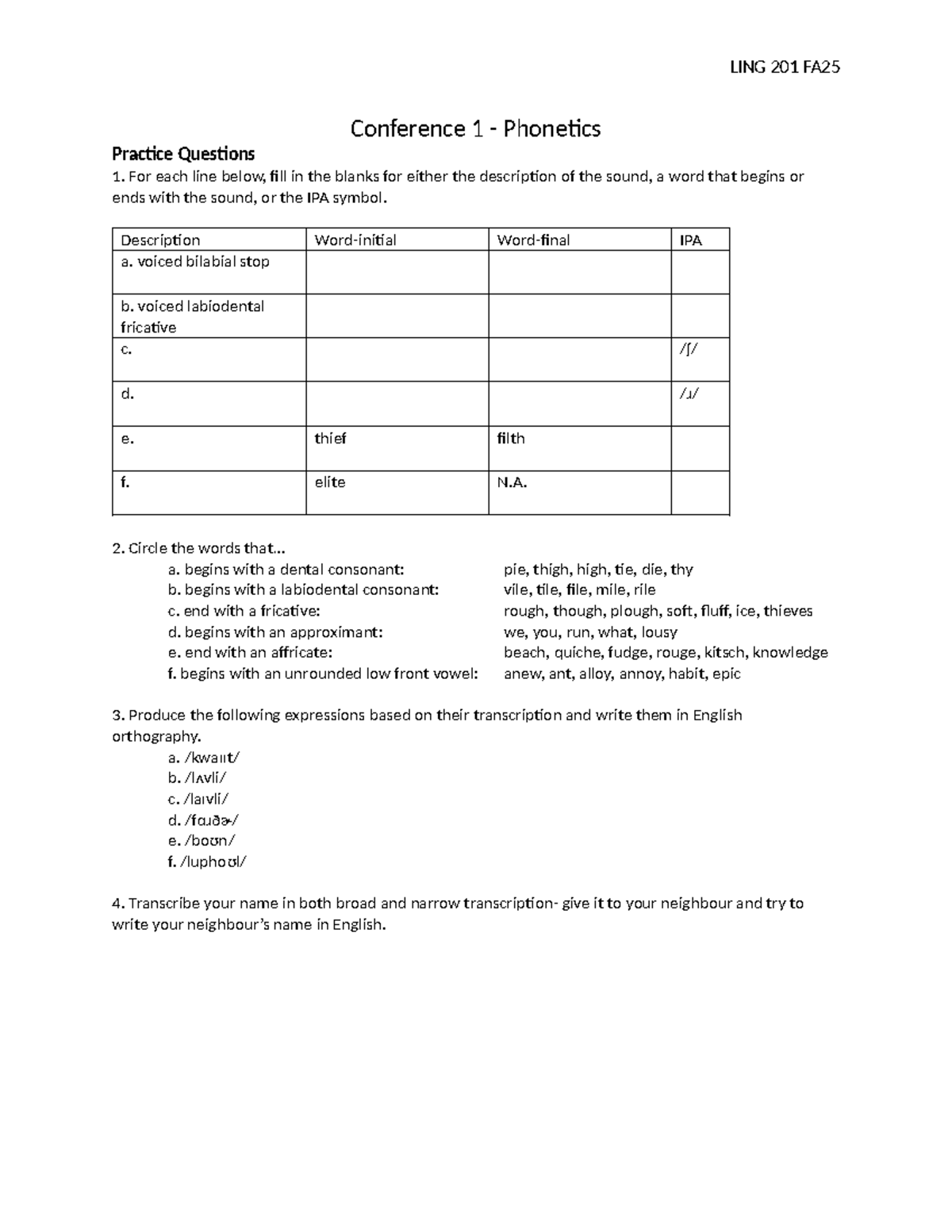 LING 201 FA25 Conference 1 - Phonetics Practice Questions - Studocu