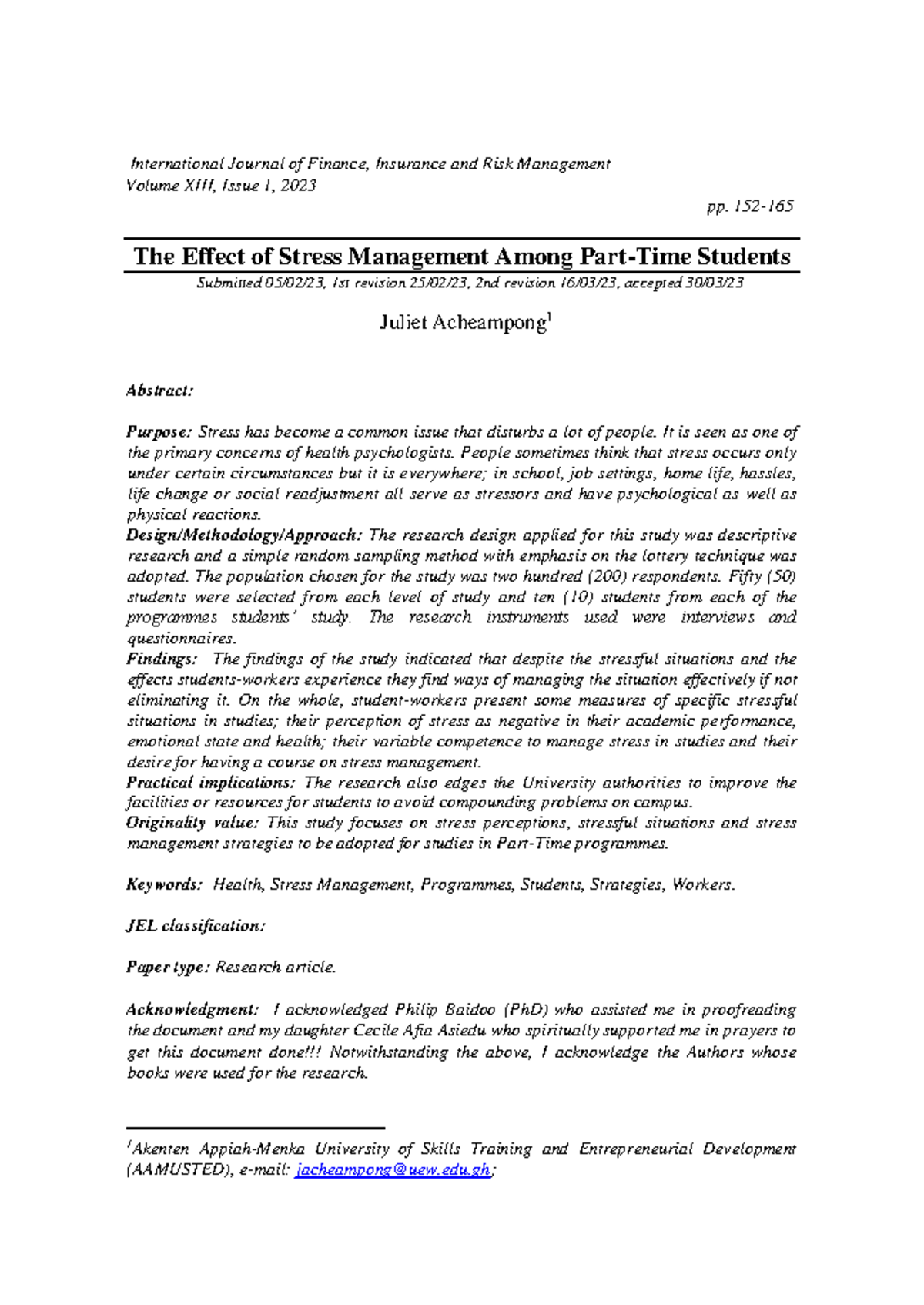 The Effect of Stress Management Among Part-Time Students: AAMUSTED ...