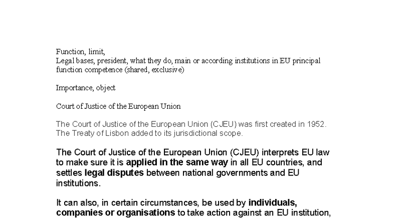 Funciones de la Corte de Justicia de la Unión Europea (CJEU) - Studocu
