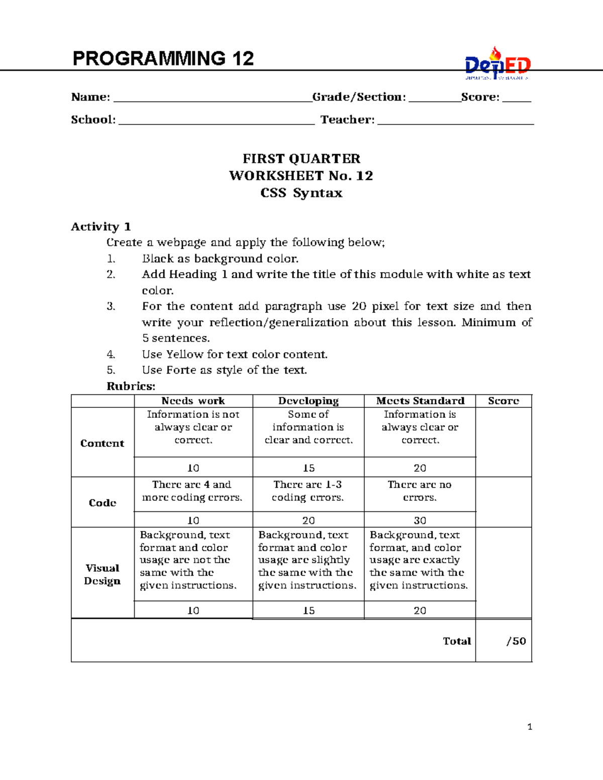 TVL Comprog 11 Q1 DW12 - CSS Syntax Worksheet Instructions - Studocu
