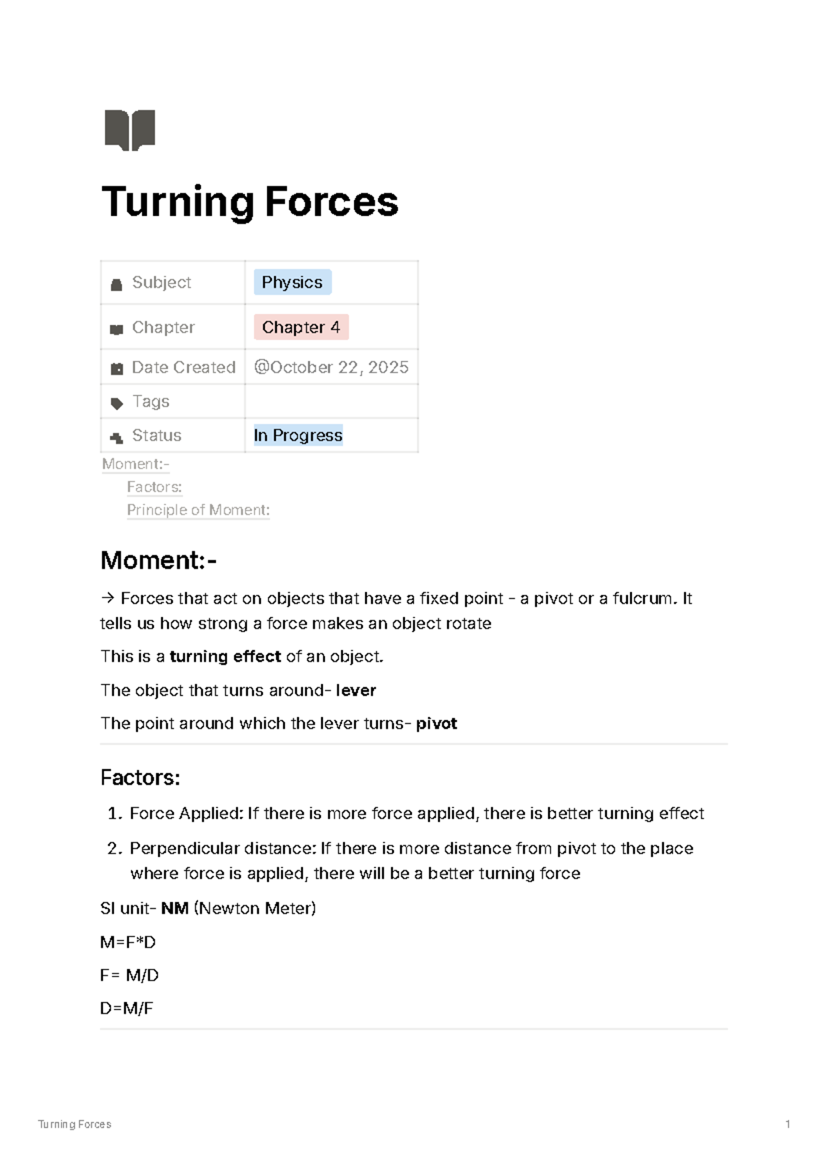 Turning Forces - Grade 7 Physics Chapter 4 Notes - Studocu