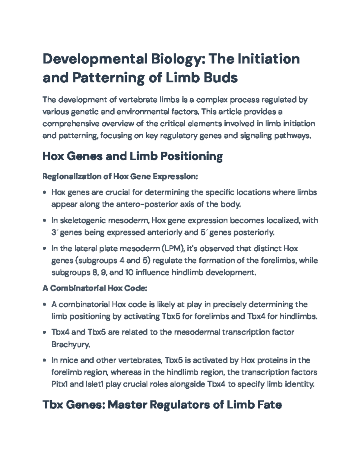 Developmental Biology: Limb Bud Initiation & Patterning Insights - Studocu