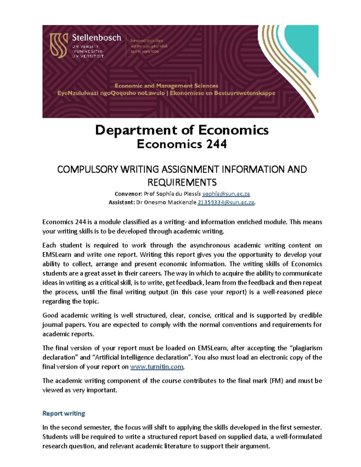 Economics 244: Compulsory Writing Assignment Guidelines for 2025 - Studocu