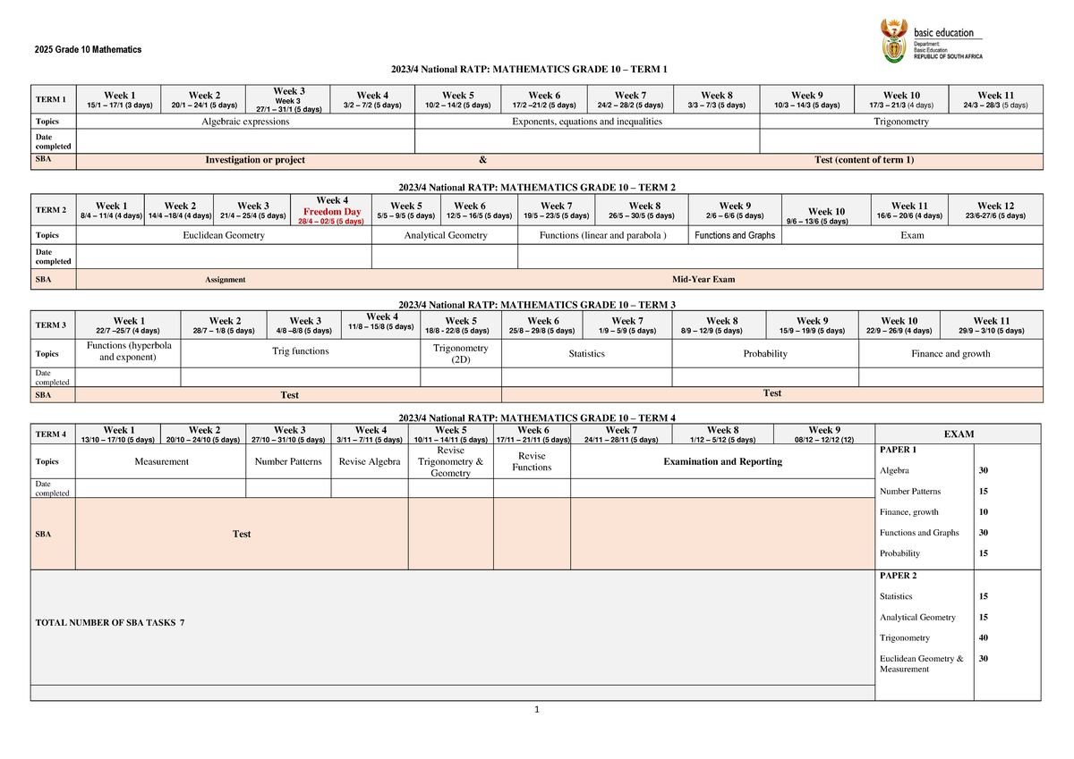 2023/4 Math RATP Grade 10: Term 1-4 Exam Revision Guide - Studocu