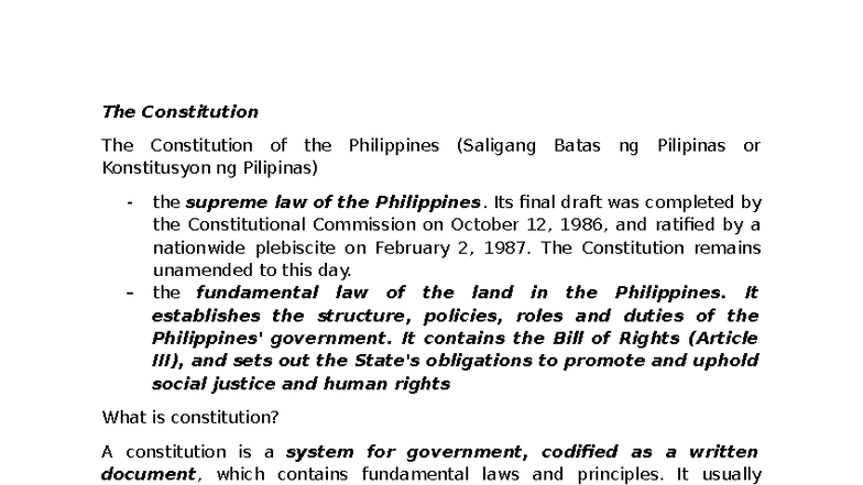 PHL Consti: Overview of the 1987 Constitution and Its Provisions - Studocu