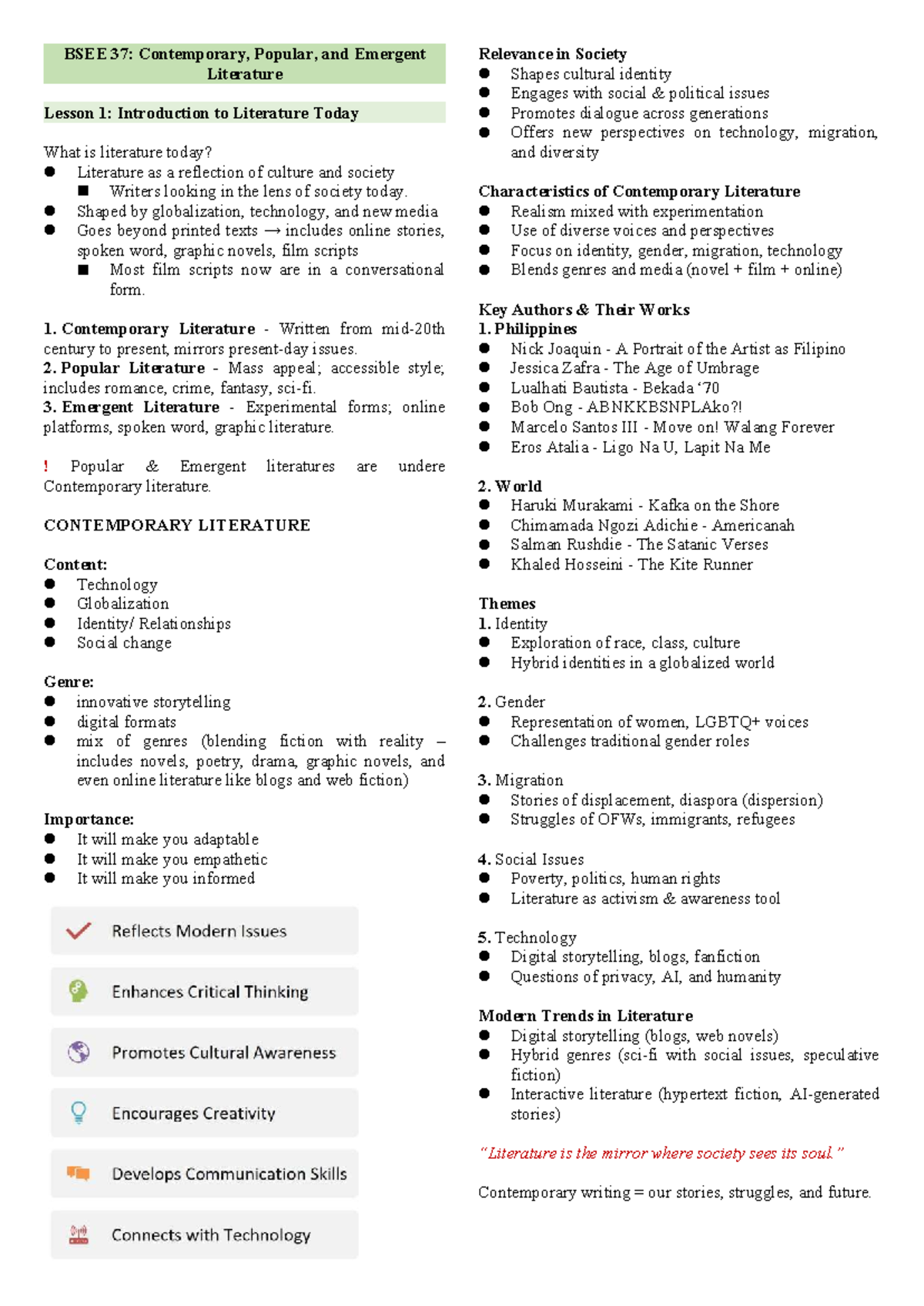 BSEE 37: Contemporary Literature Overview and Young Adult Themes - Studocu