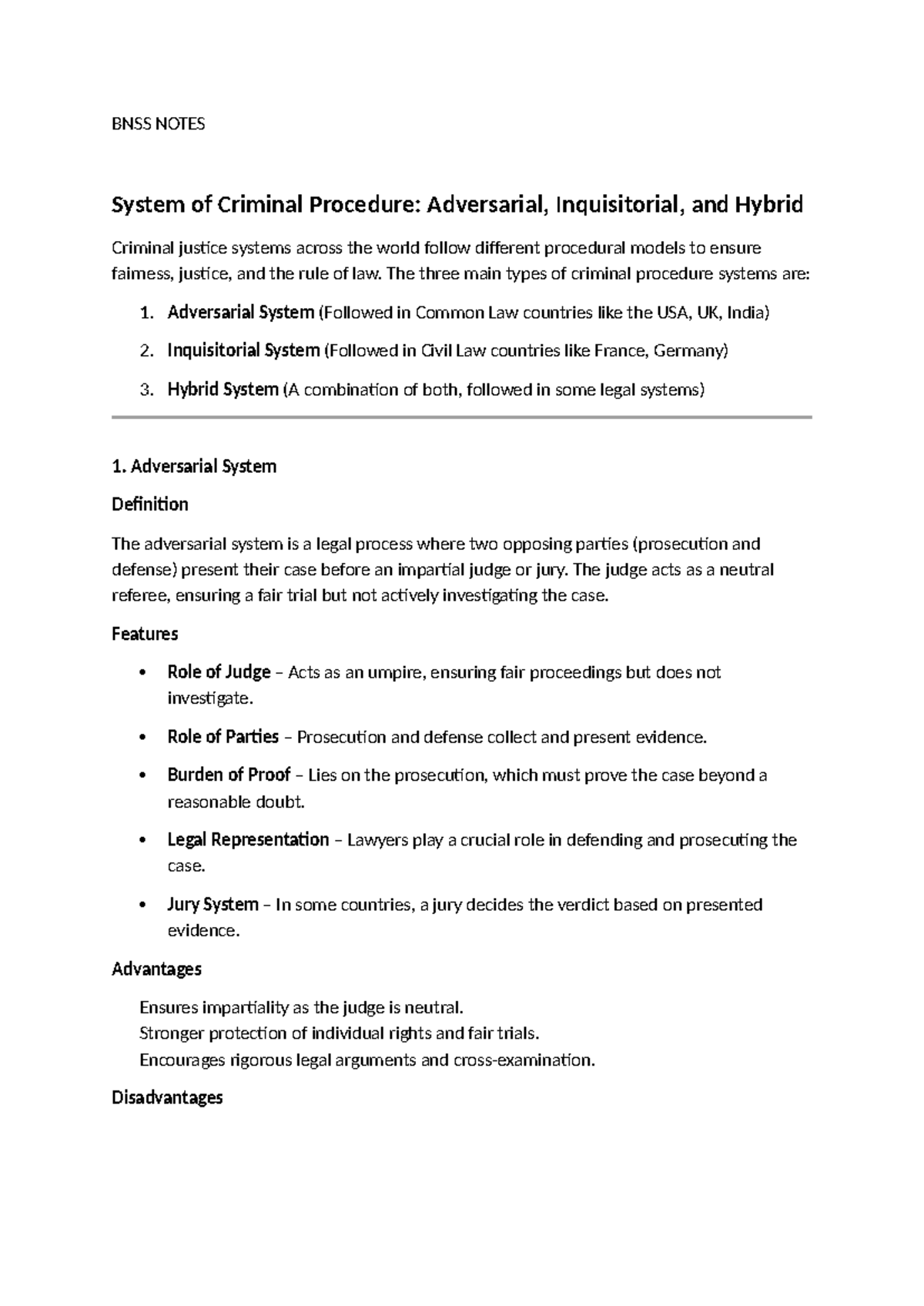 BNSS Notes: Comparative Analysis of Criminal Procedure Systems ...