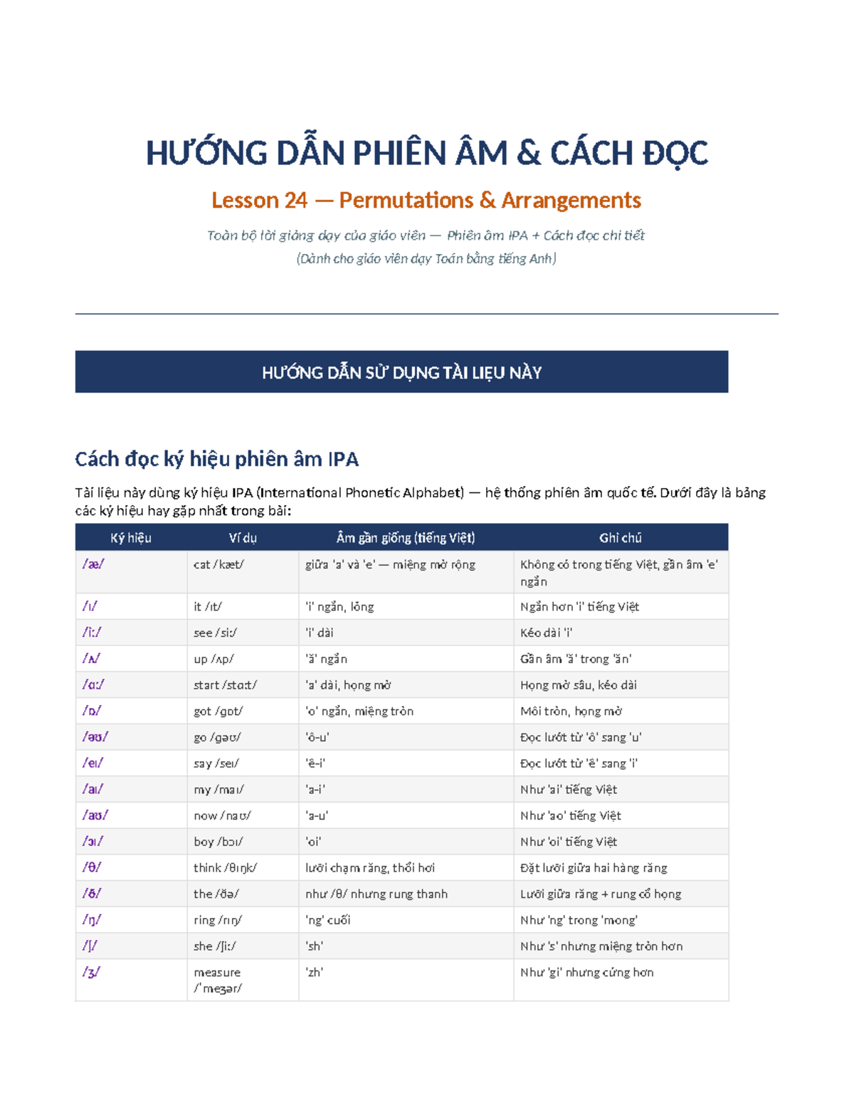 HƯỚNG DẪN PHIÊN ÂM CÁCH ĐỌC Lesson 24: Hoán Vị và Chỉnh Hợp - Studocu