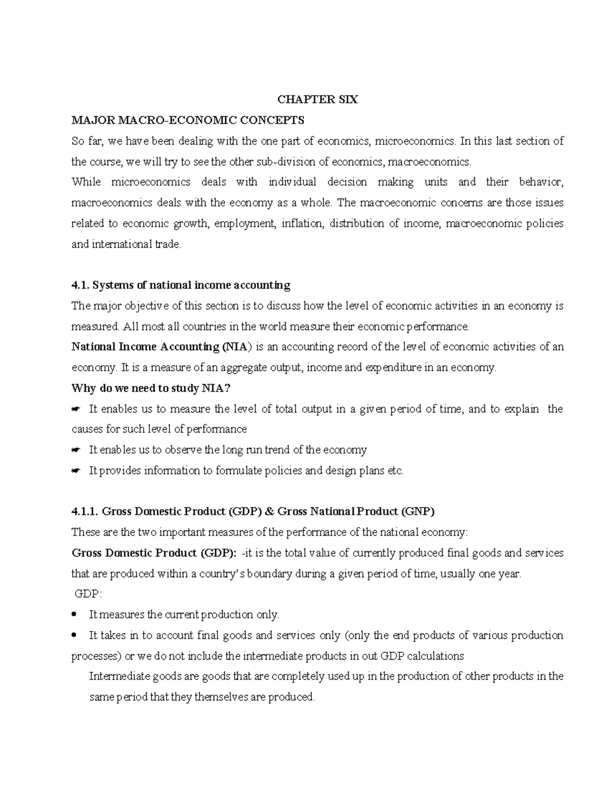 MACROECONOMICS CHAPTER 6: MAJOR CONCEPTS AND NATIONAL INCOME ACCOUNTING ...