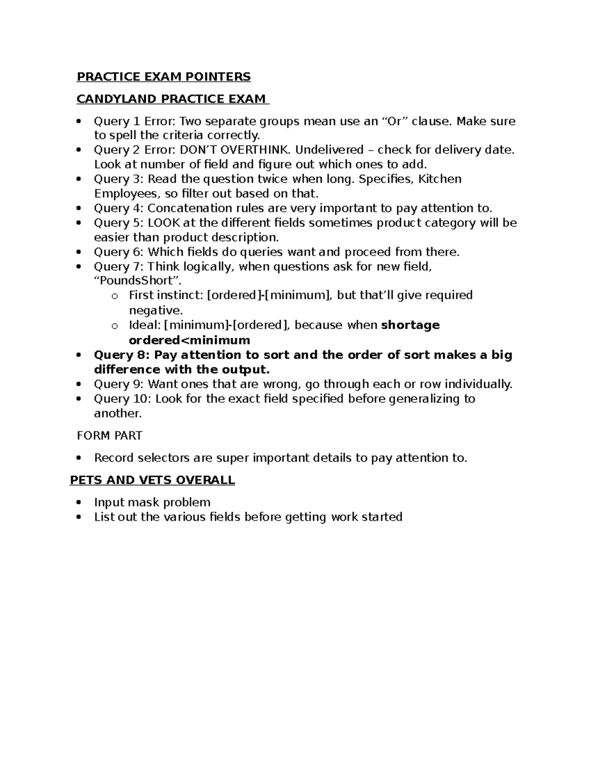 BUS-K 201 Access Practice Examination Pointers - PRACTICE EXAM POINTERS CANDYLAND PRACTICE EXAM ...