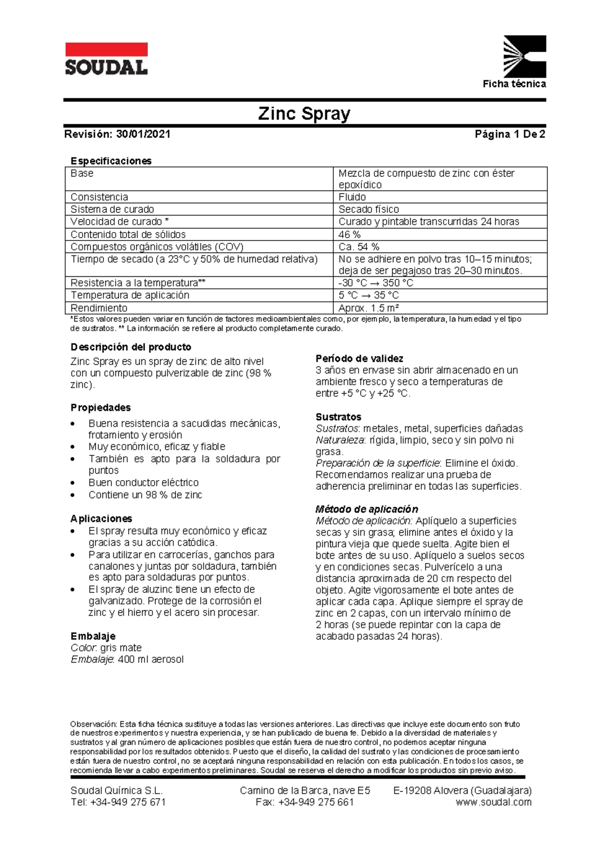 Hoja Técnica MSDS Zinc Spray: Especificaciones y Aplicaciones - Studocu