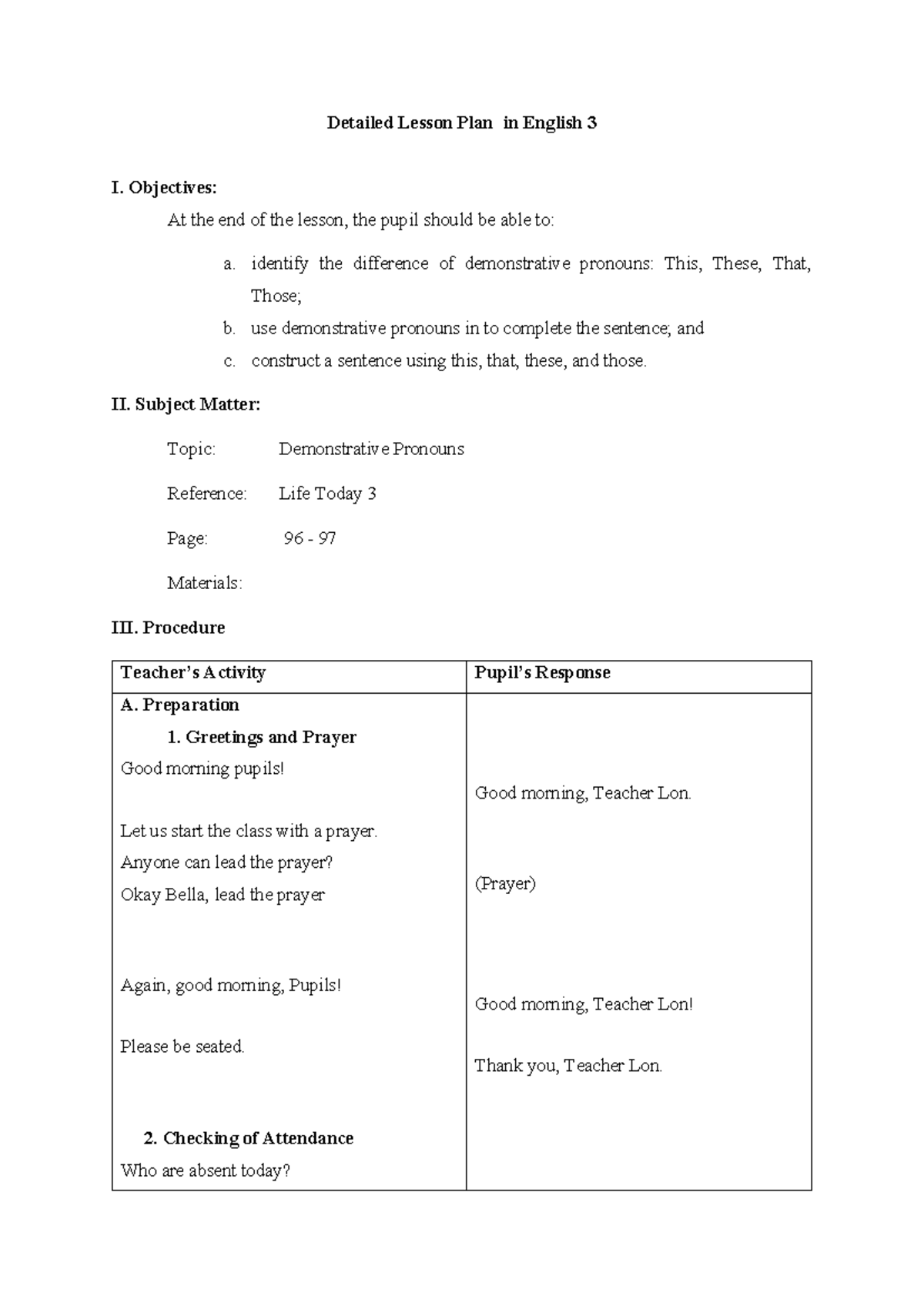English 3 - Detailed Lesson Plan on Demonstrative Pronouns - Studocu