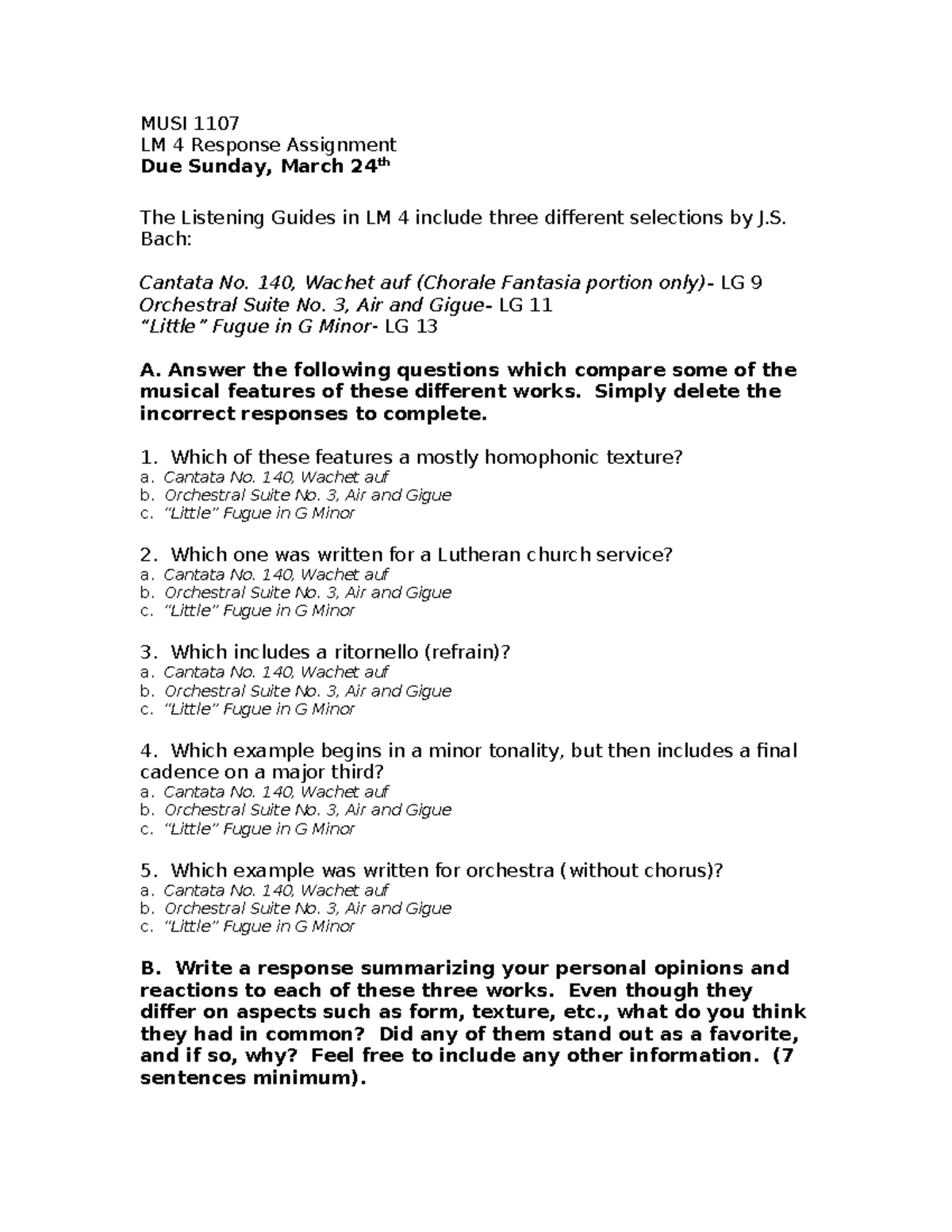 LM 4 response - ksu - MUSI 1107 LM 4 Response Assignment Due Sunday, March 24th The Listening ...
