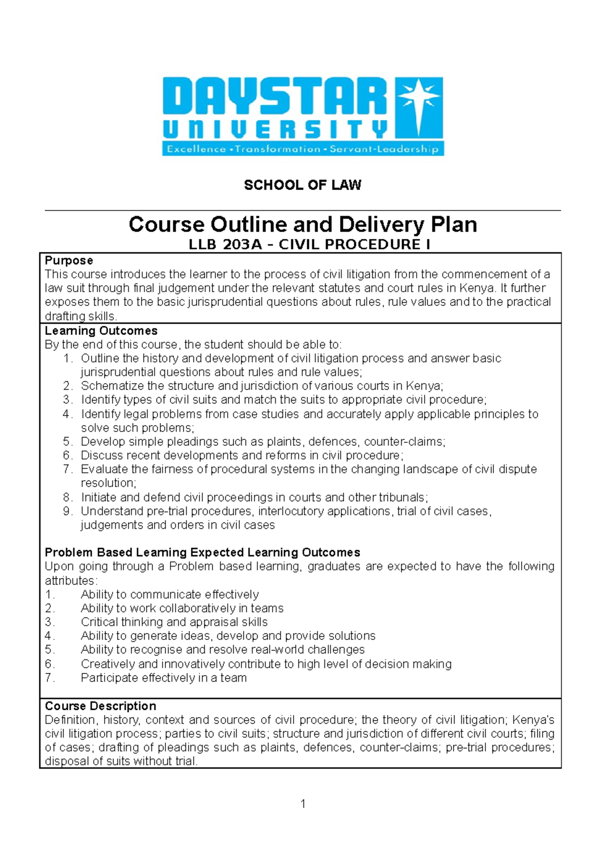 Course Outline Civil Procedure 1 January 2022 - SCHOOL OF LAW Course ...