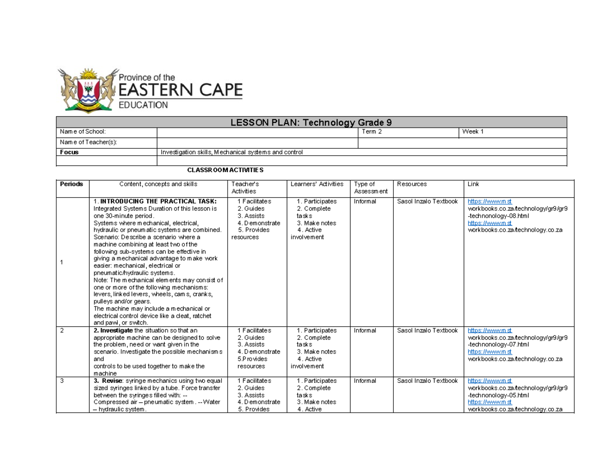 Technology Grade 9 Lesson Plans: Mechanical Systems & Control (Term 2 ...