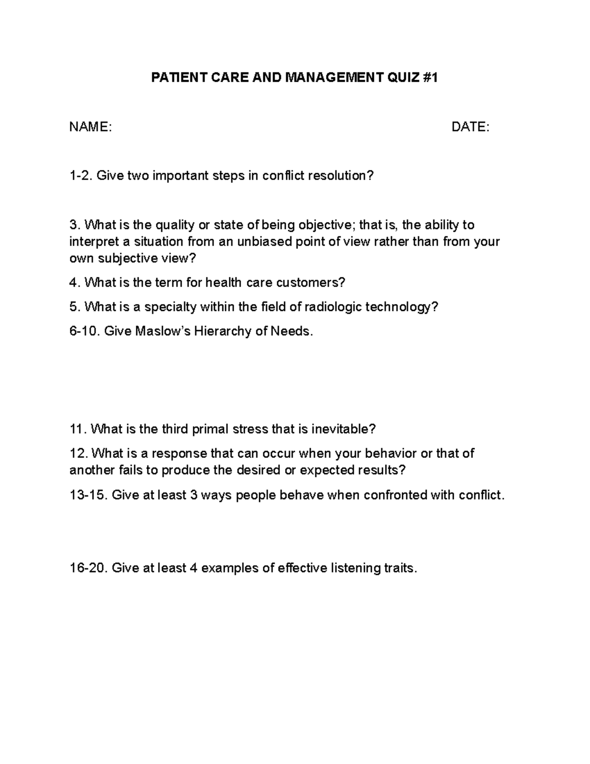 Patient Care and Management Quiz #1 - Key Concepts and Strategies - Studocu