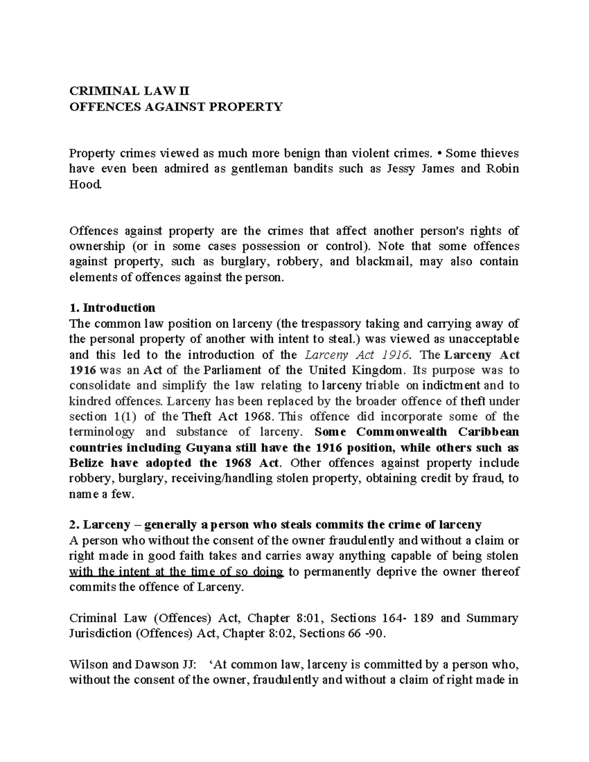 CRIMINAL LAW II: Property Offences - Larceny & Theft Analysis - Studocu