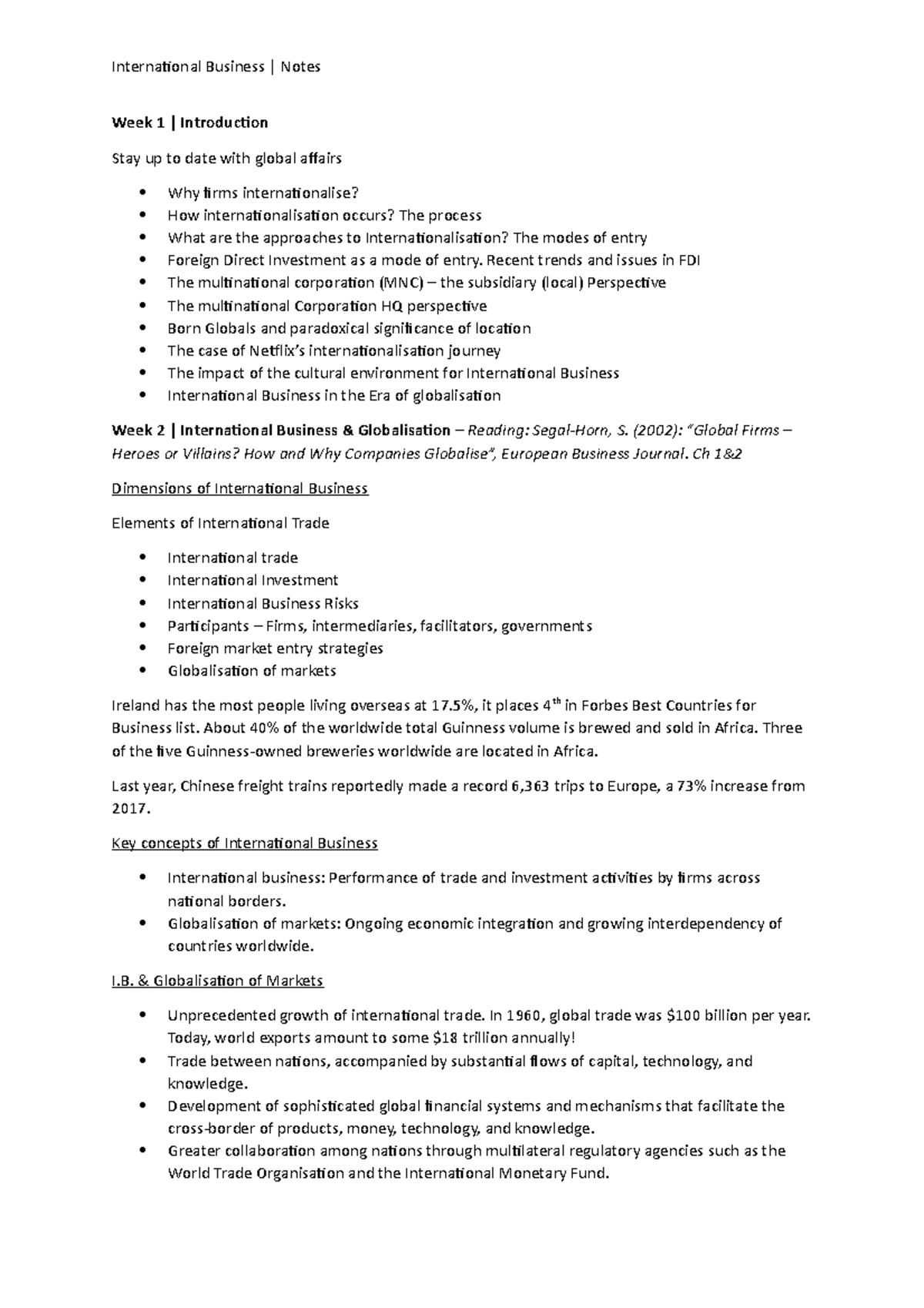 International Business Notes: Week 1-5 Overview & FDI Insights - Studocu