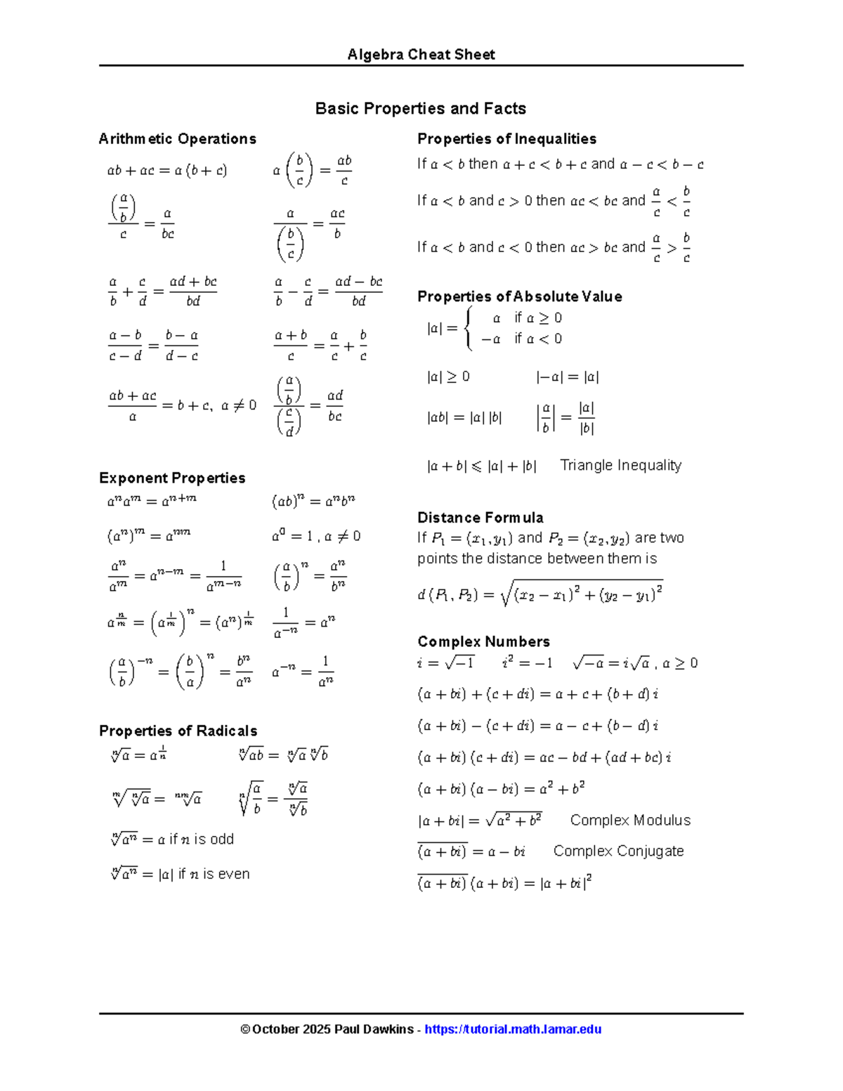 Algebra Cheat Sheet: Basic Properties & Operations (20178) - Studocu