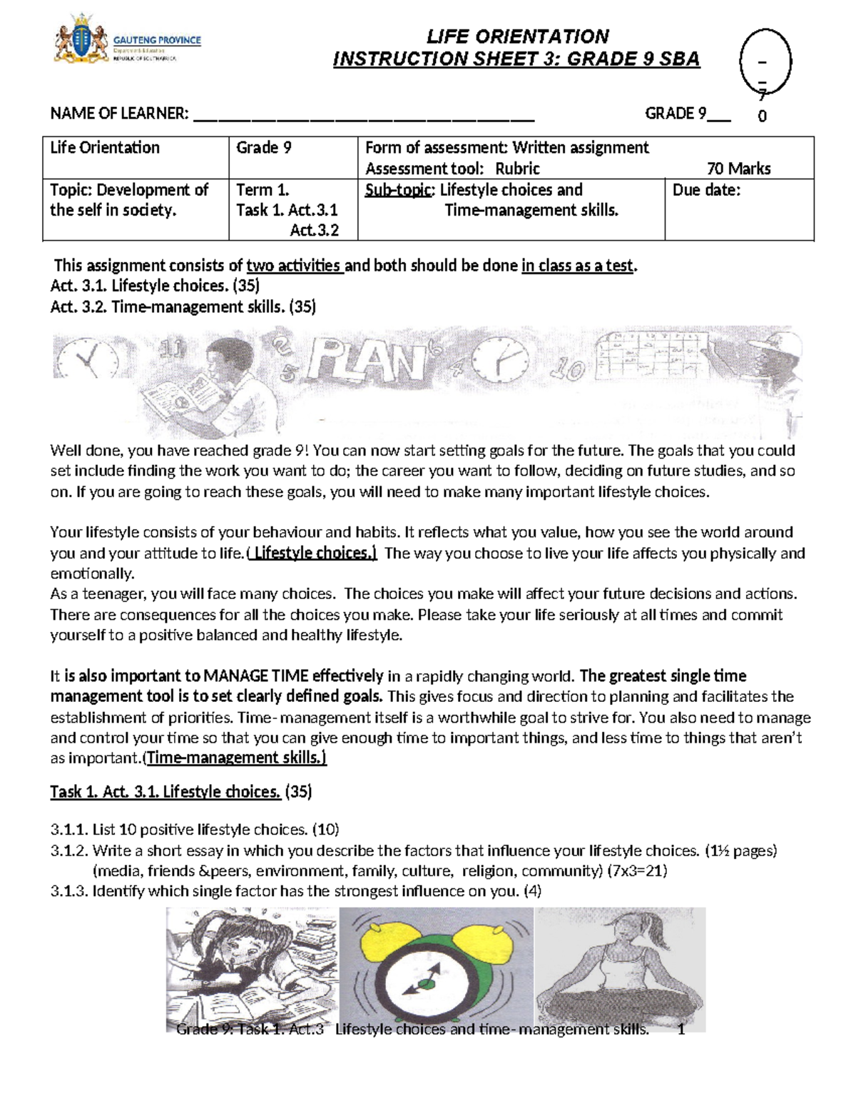 Grade 9 Life Orientation: Lifestyle Choices & Time Management Skills ...