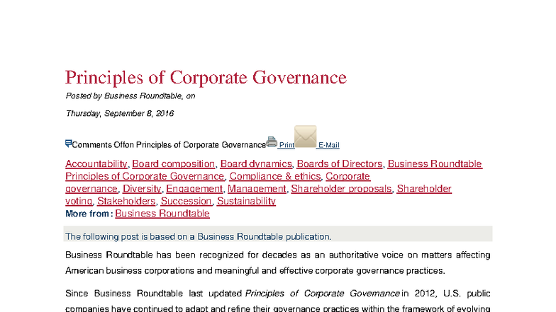 Corporate Governance Principles: Insights from Business Roundtable ...