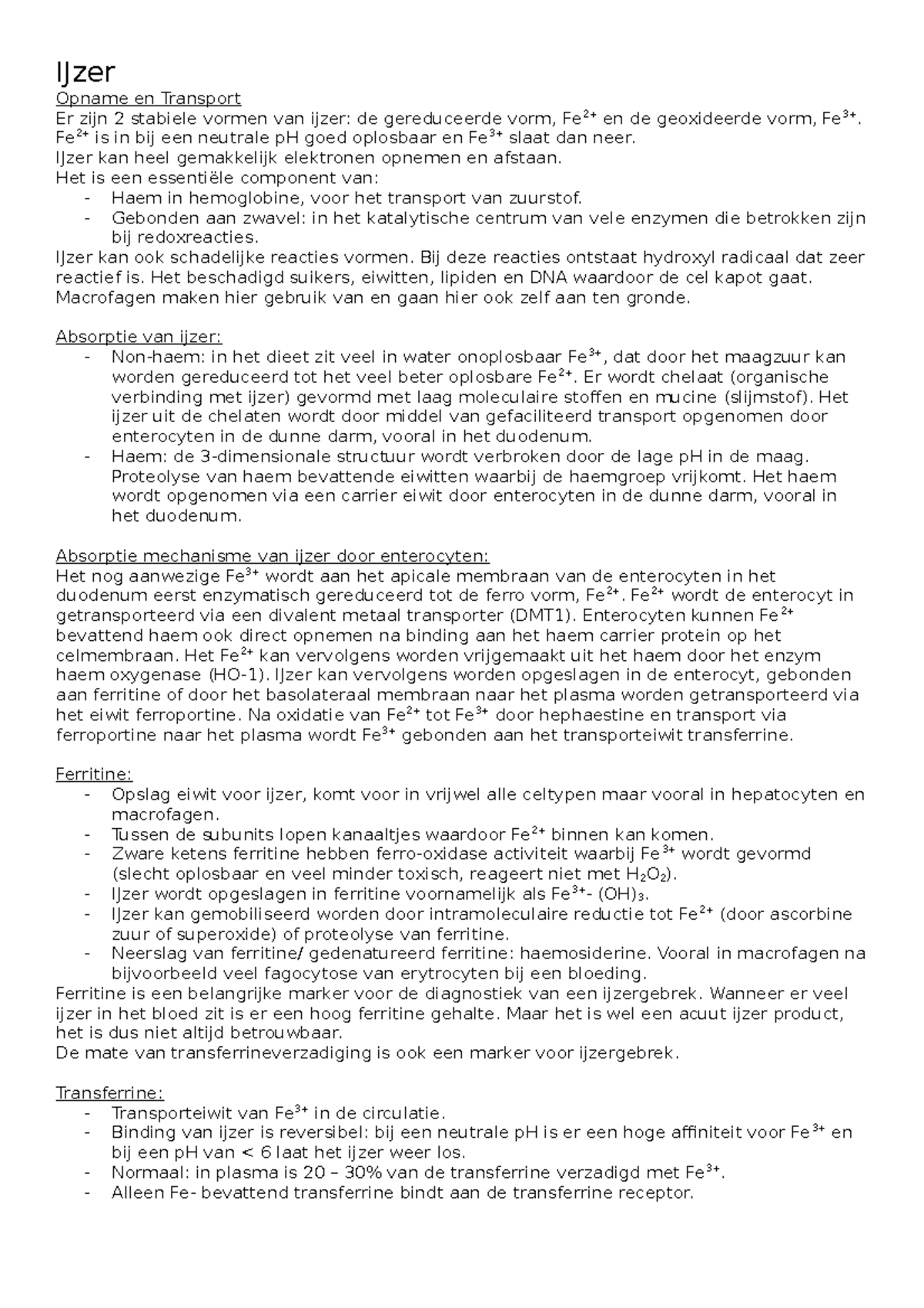 Samenvatting - IJzerstofwisseling en Absorptie Mechanismen - Studeersnel