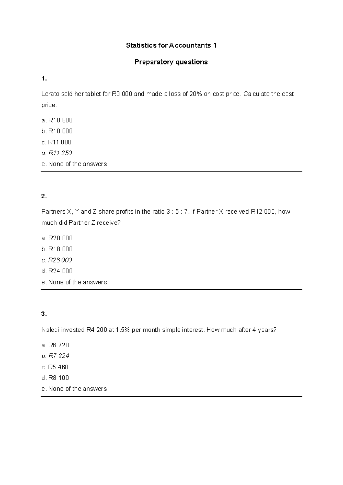 Statistics for Accountants 1 Practice Questions and Solutions - Studocu