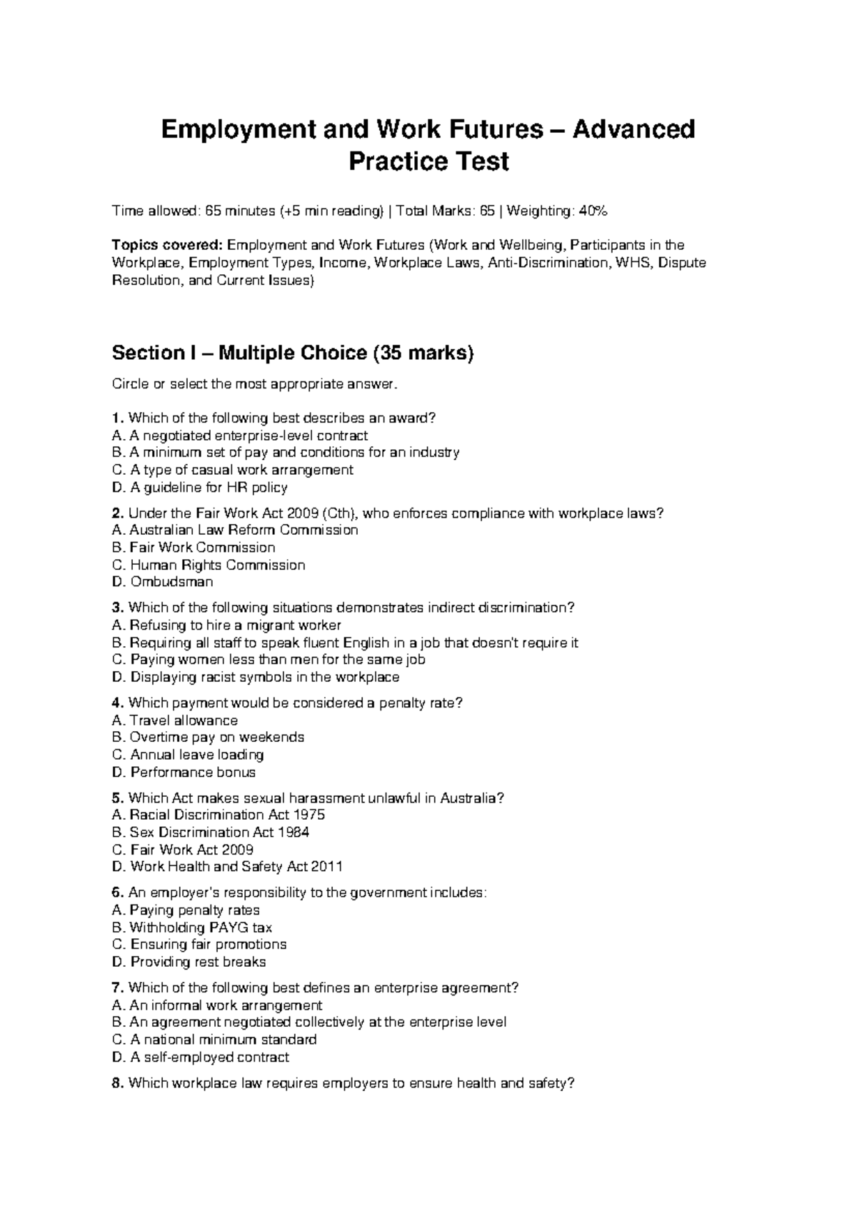 Employment and Work Futures AP Test: Practice Questions & Topics - Studocu