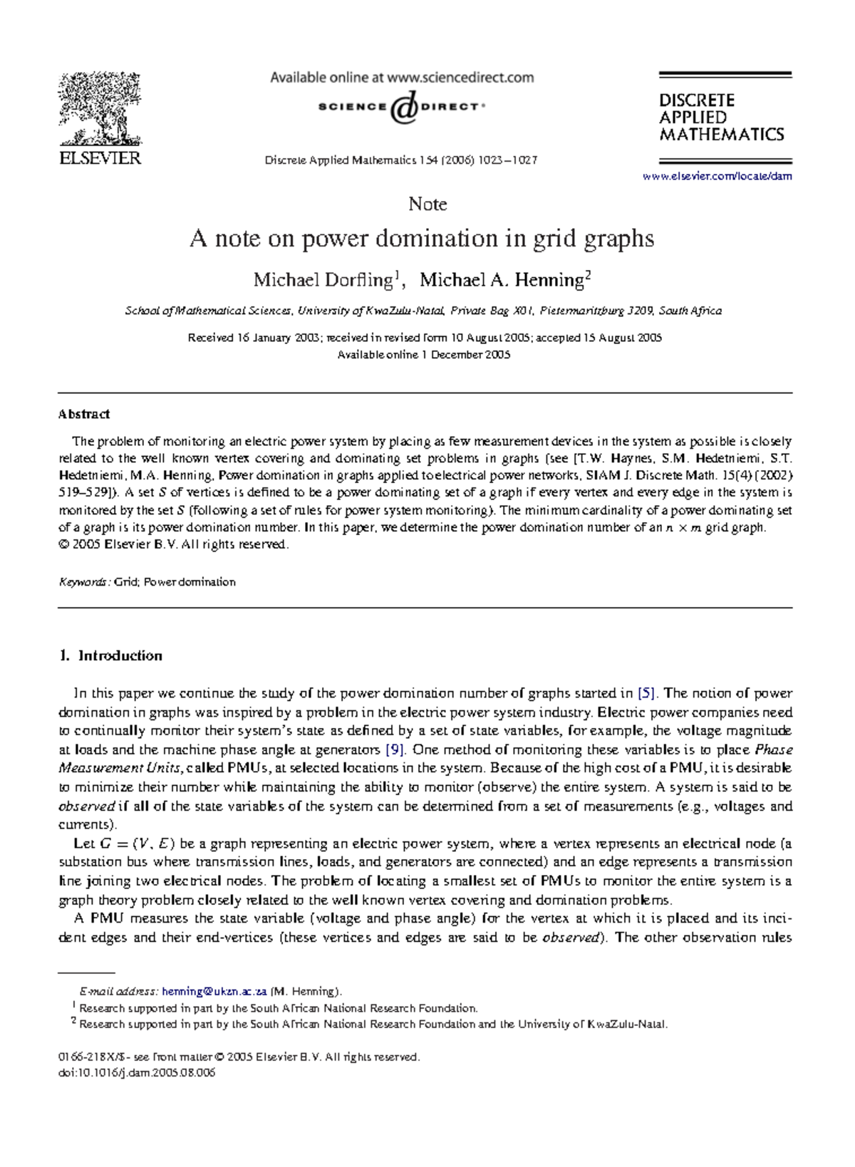 Power Domination in n x m Grid Graphs: A Study (Discrete Math 154 ...