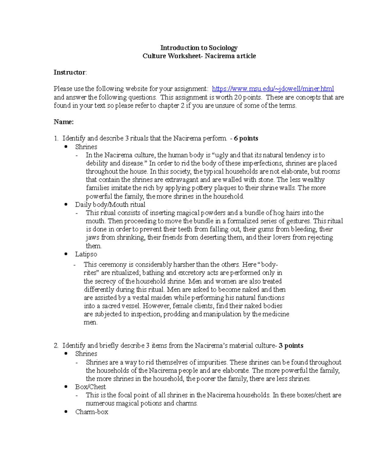 Intro soc culture nacirema worksheet - Introduction to Sociology ...