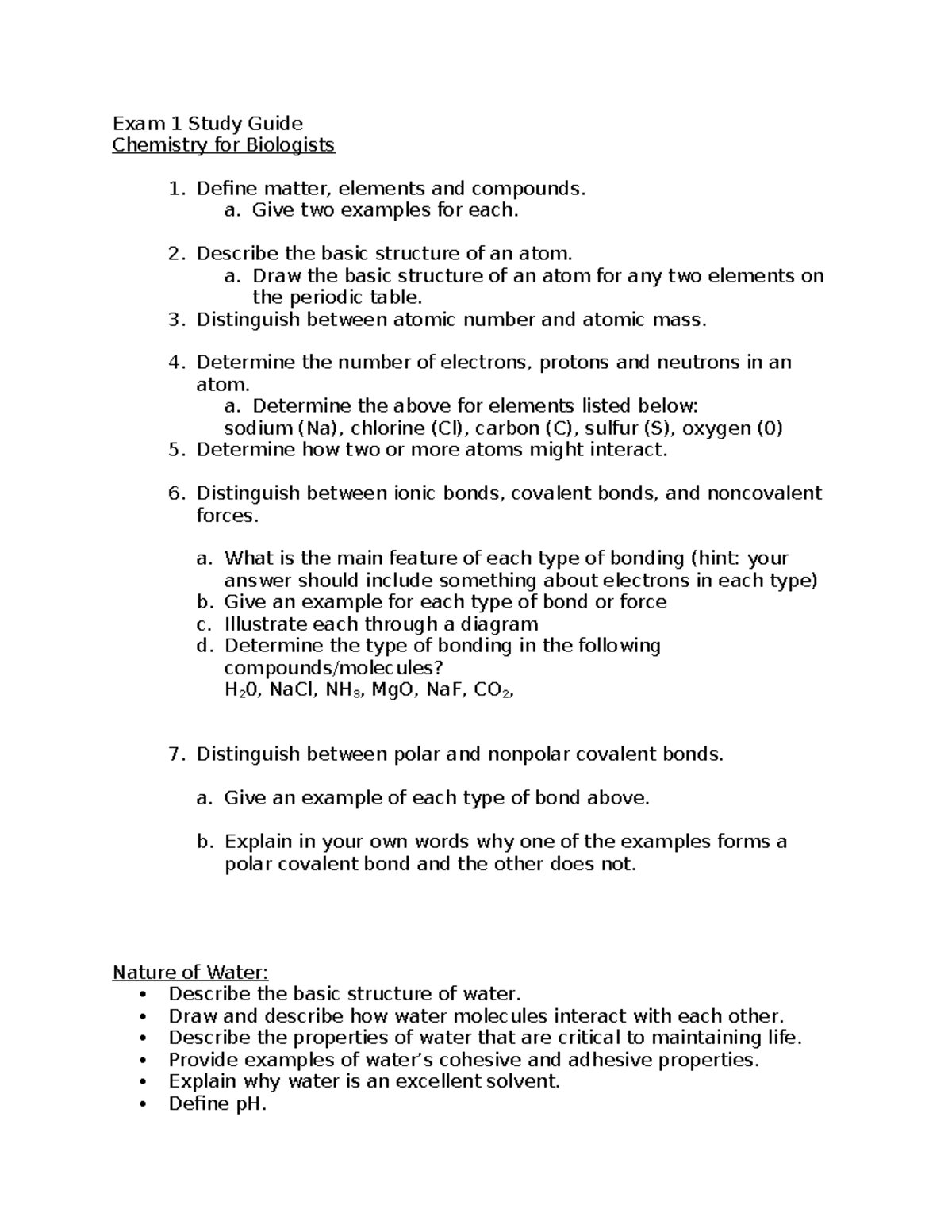Chemistry for Biologists: Exam 1 Study Guide on Matter & Bonds - Studocu