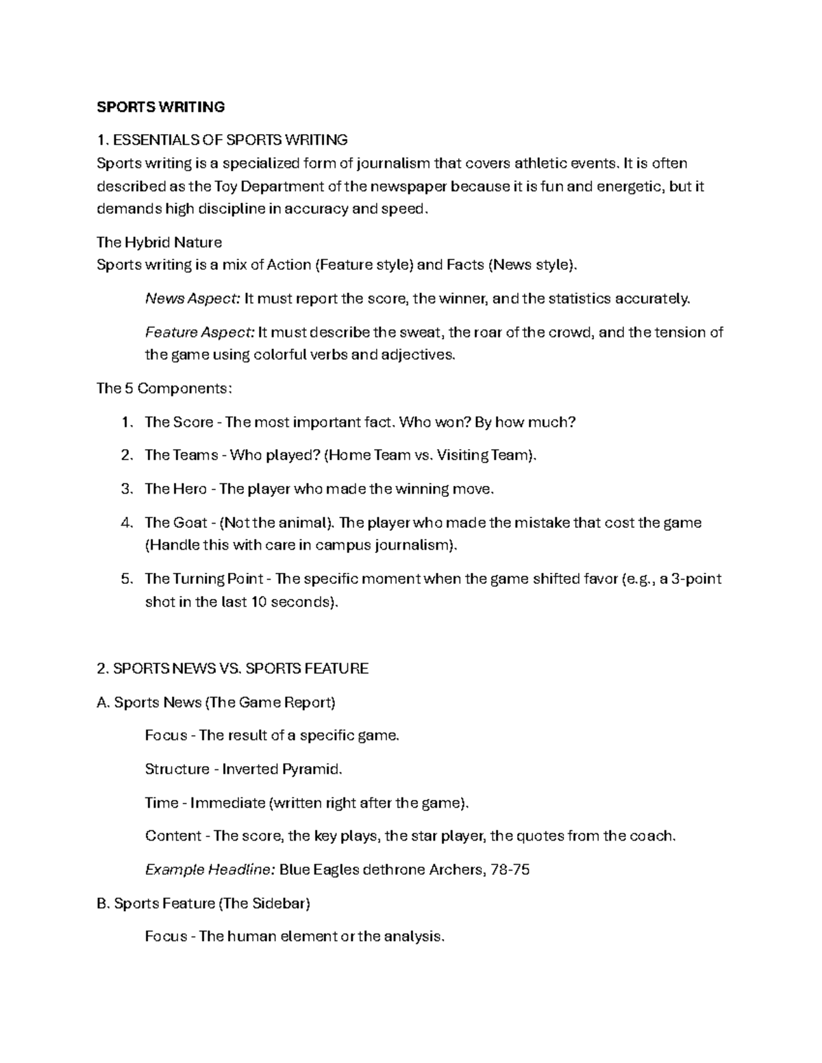 SPORTS WRITING 1: ESSENTIALS & PRINCIPLES OF SPORTS JOURNALISM - Studocu