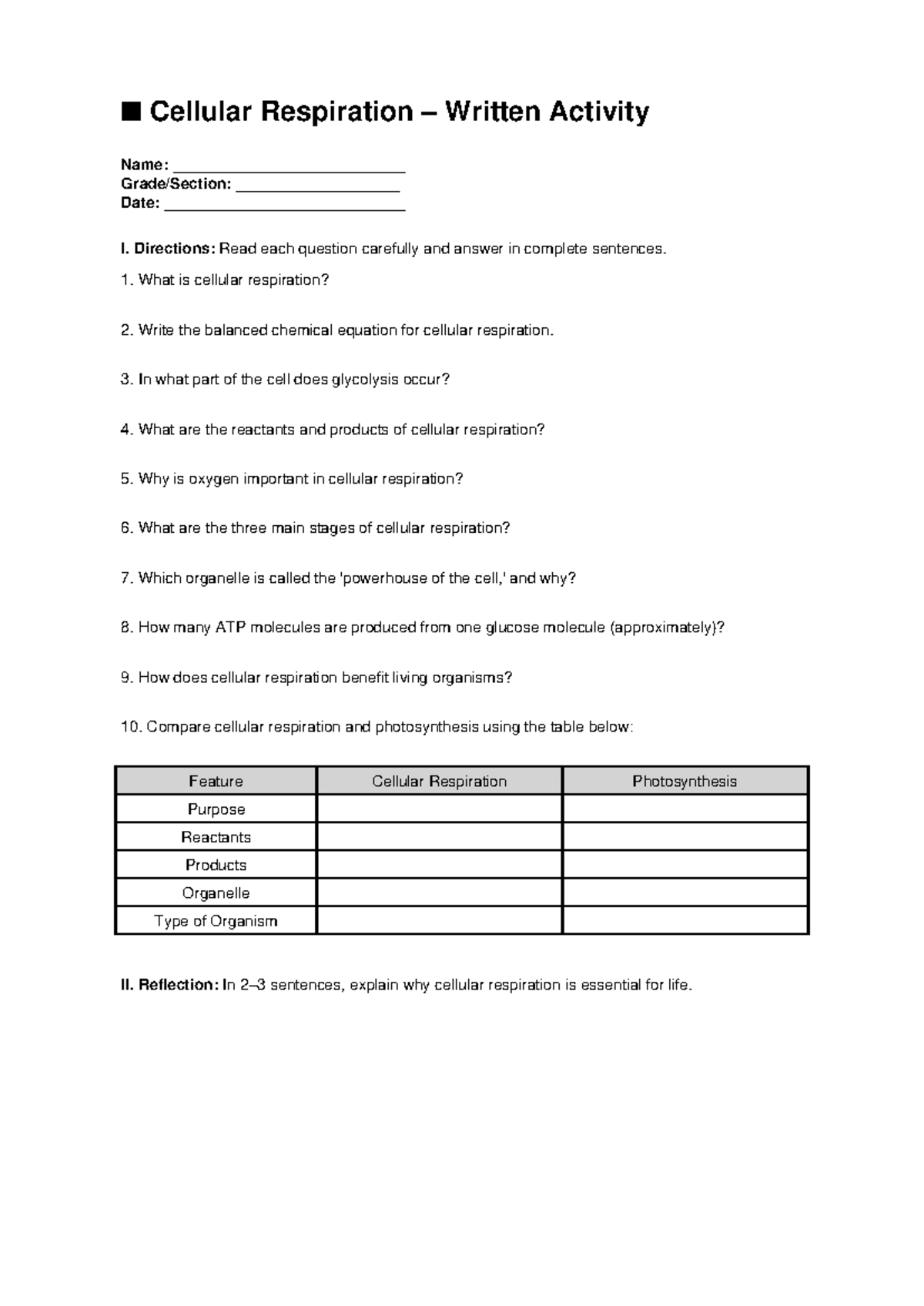 Cellular Respiration Activity Worksheet - Key Concepts & Questions ...