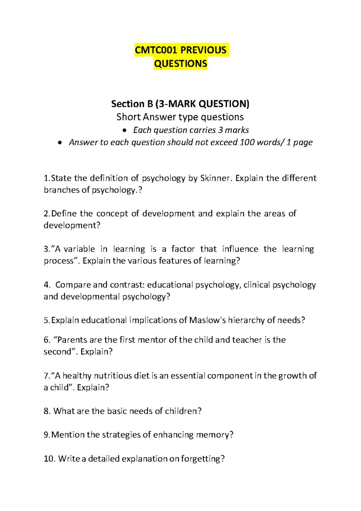 CMTC001 Previous Questions - CMTC001 PREVIOUS QUESTIONS Section B (3 ...
