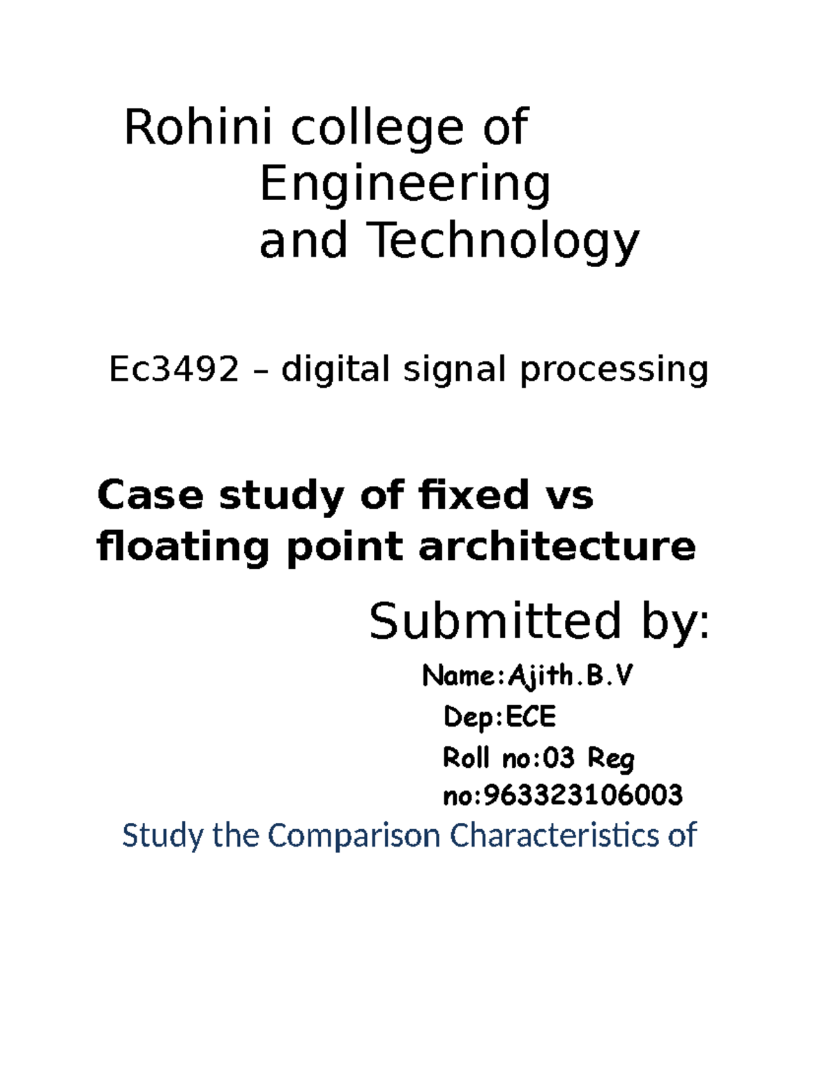 EC3492 Digital Signal Processing: Case Study on Fixed vs Floating Point ...