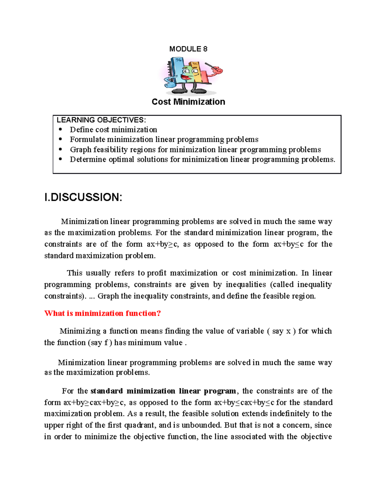 Module 8 - Cost Minimization in Linear Programming Problems - Studocu