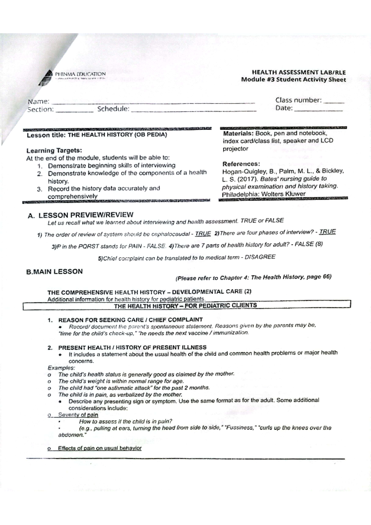 module 3- ha rle - Health Assessment - Studocu