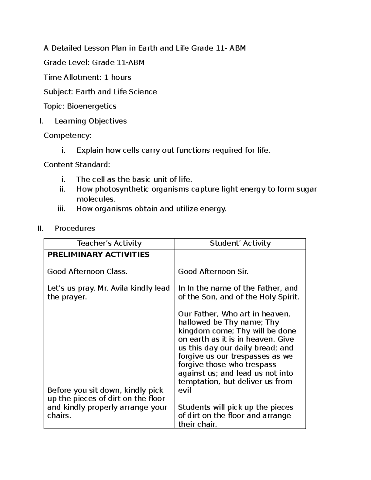 Lesson plan-bio - A Detailed Lesson Plan in Earth and Life Grade 11 ...