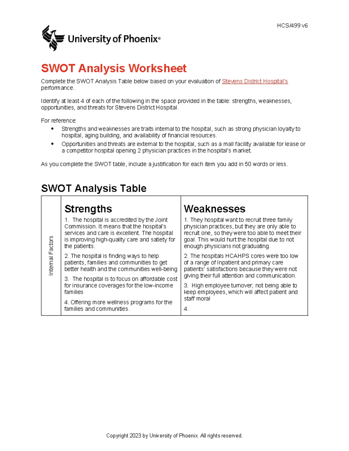 HCS 499 Week 3 SWOT Analysis for Stevens District Hospital - Studocu