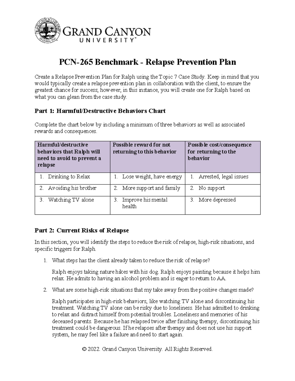 PCN-265-RS-T7 Relapse Prevention Plan for Ralph: A Case Study Guide - Studocu
