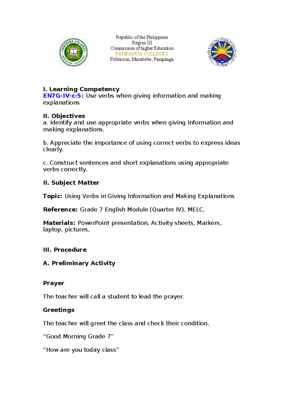 Using Verbs in Information & Explanations - Grade 7 English Module ...