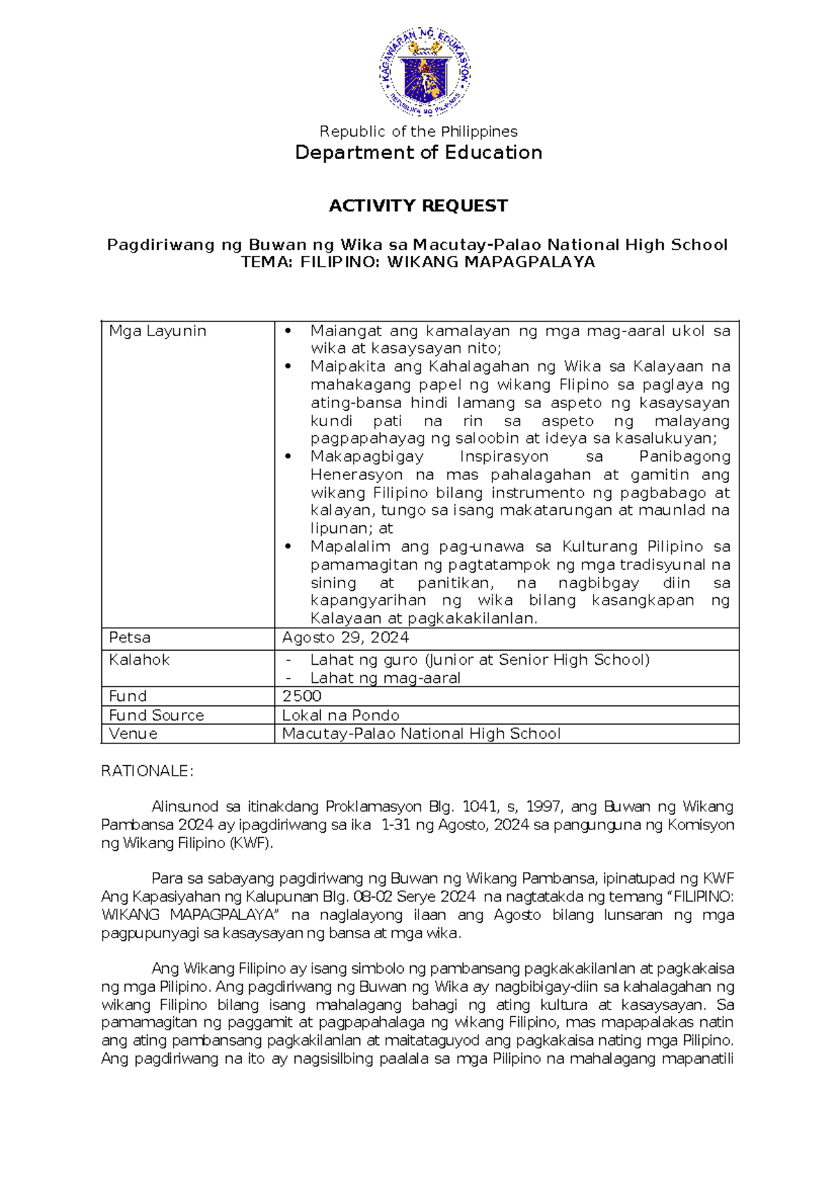 Activity Request for Buwan ng Wika 2024: Filipino as a Liberating ...