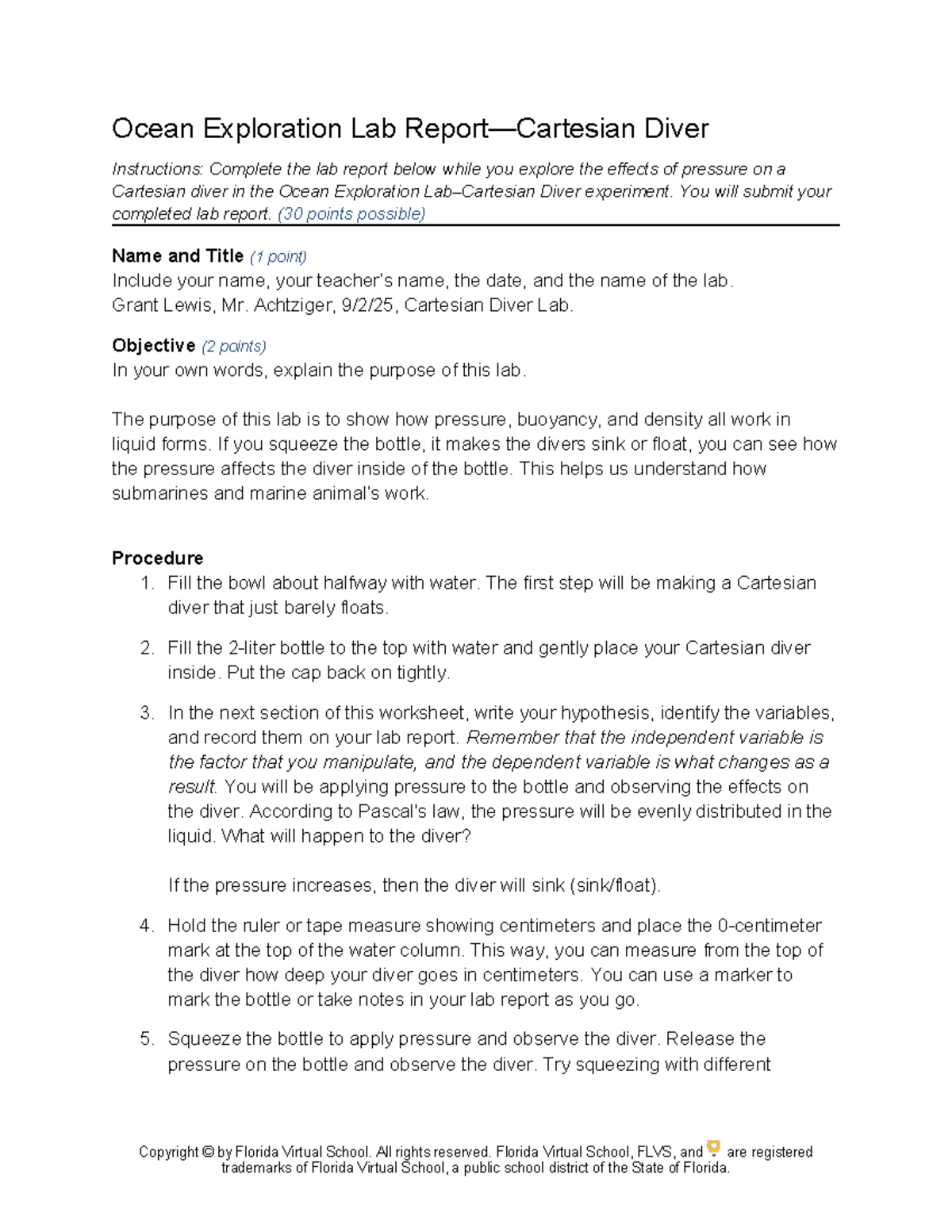 Cartesian Diver Lab Report: Exploring Pressure Effects in Ocean ...