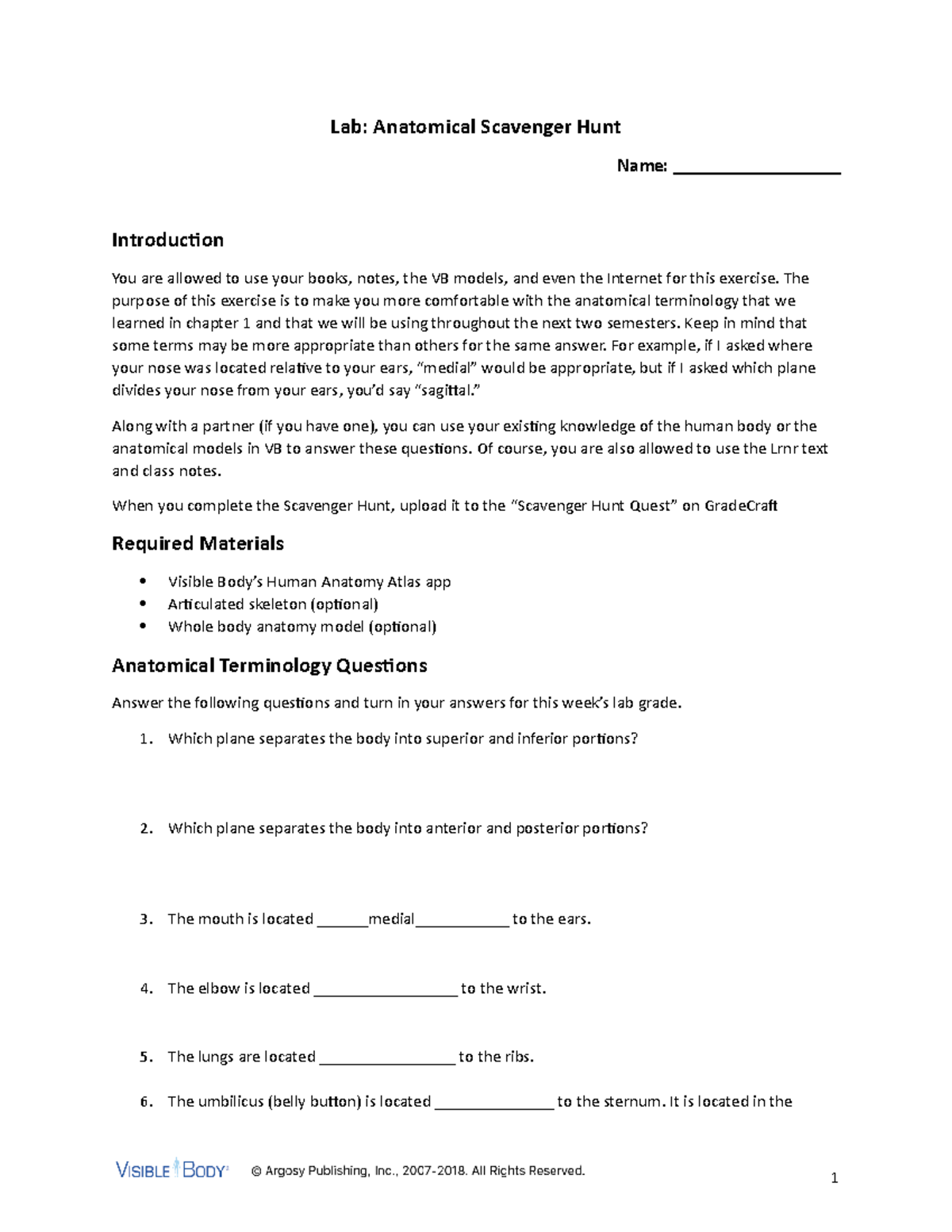 (Lab) Anatomical Scavenger Hunt Questions and Terminology Guide - Studocu
