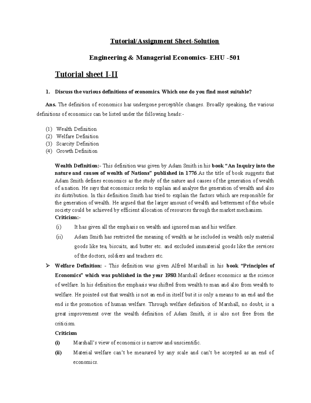 EHU 101: Engineering Managerial Economics - Definitions & Concepts Tutorial 1 - Studocu