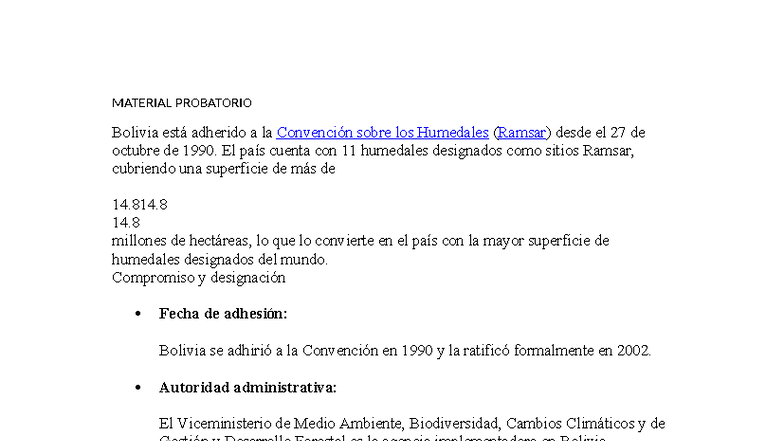 MATERIAL PROBATORIO: Humedales y Convención Ramsar en Bolivia - Studocu