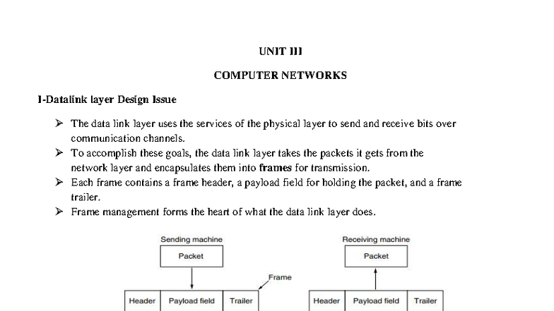UNIT III Datalink Layer: Design Issues and Protocols - Studocu